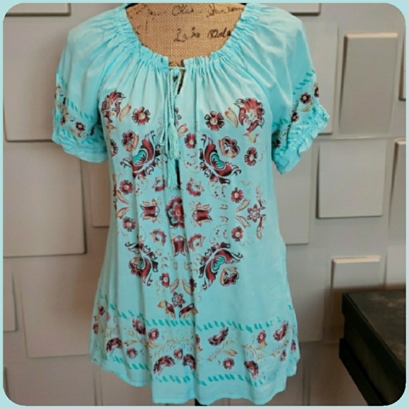 Unity | Tops | Unity Top Blue Short Sleeve Gathered Round Neck Peasant ...